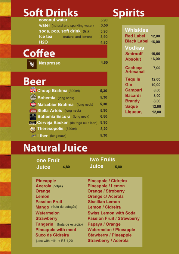 English Menu - Vila Milagro PIzzaria - Brasília